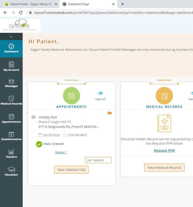 Gagon Patient Portal Appointment Dashboard Closeup – Gagon Family Medicine